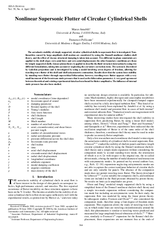 (PDF) Nonlinear Supersonic Flutter of Circular Cylindrical Shells -aiaa-2001