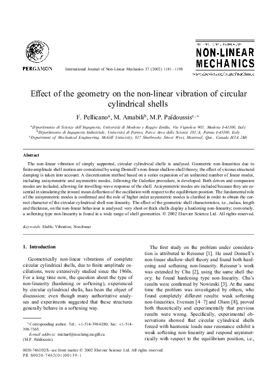 (PDF) Effect of the geometry on the non-linear vibration of circular cylindrical shells -int-j ...