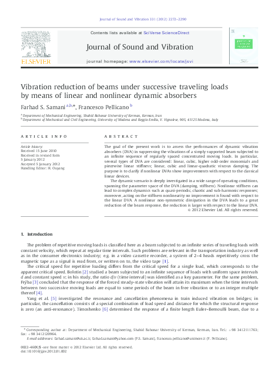 (PDF) Vibration reduction of beams under successive traveling loads by means of linear and ...
