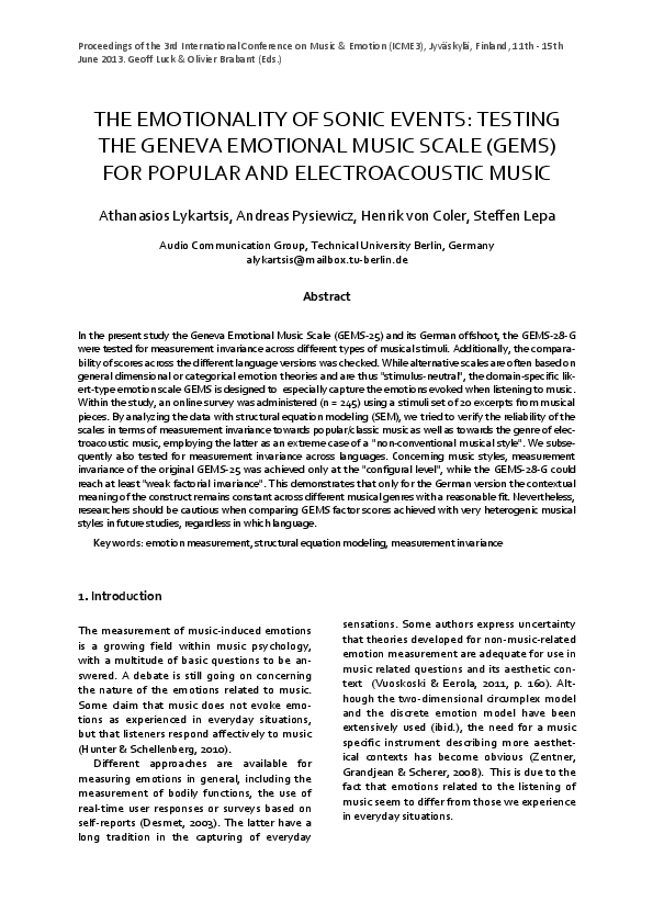 (PDF) The Emotionality of Sonic Events : Testing the Geneva Emotional ...