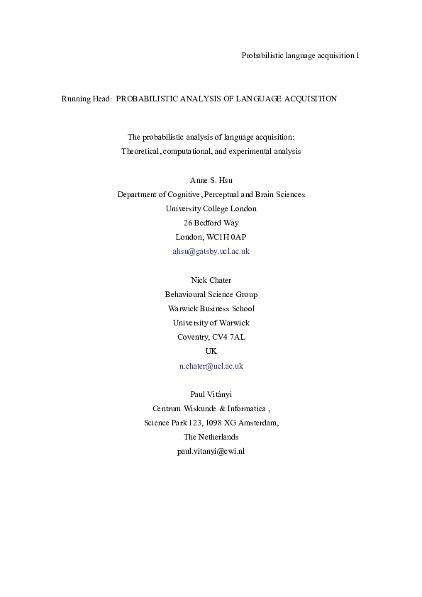 (PDF) The probabilistic analysis of language acquisition: Theoretical, computational, and ...