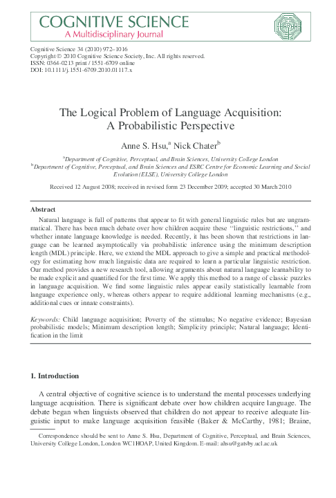 (PDF) The Logical Problem of Language Acquisition:A Probabilistic ...