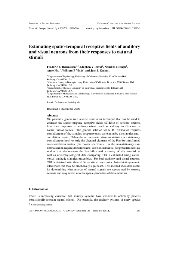 Pdf Estimating Spatio Temporal Receptive Fields Of Auditory And
