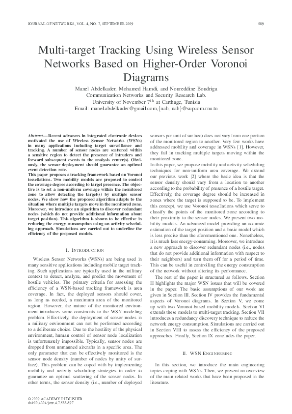 (PDF) WSN Multi-Target Tracking via Voronoi Diagrams
