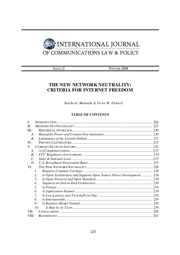(PDF) The New Network Neutrality: Criteria for Internet Freedom