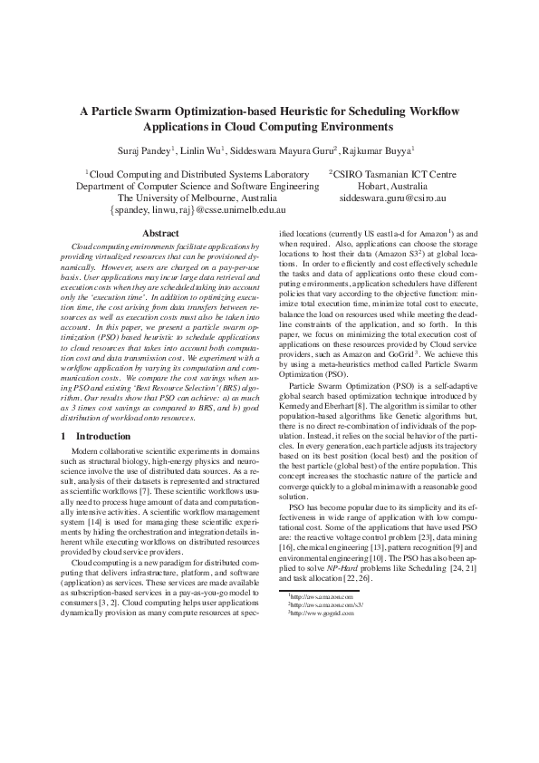 Pdf A Particle Swarm Optimization Pso Based Heuristic For Scheduling Workflow Applications