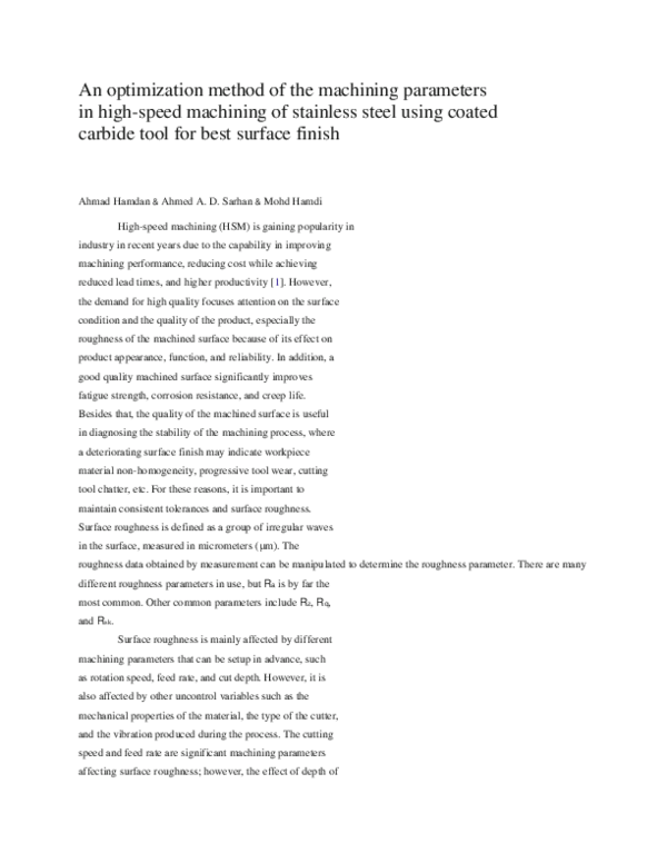 Pdf An Optimization Method Of The Machining Parameters In High Speed Machining Of Stainless