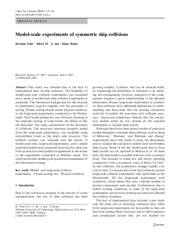 (PDF) Model-scale experiments of symmetric ship collisions