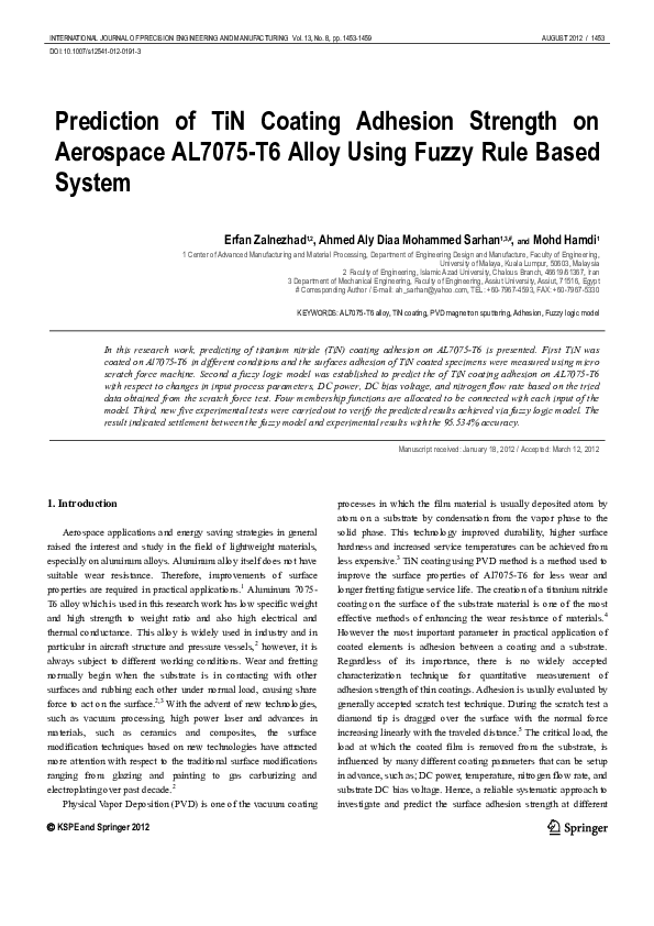 (PDF) Prediction of TiN coating adhesion strength on aerospace AL7075-T6 alloy using fuzzy rule ...