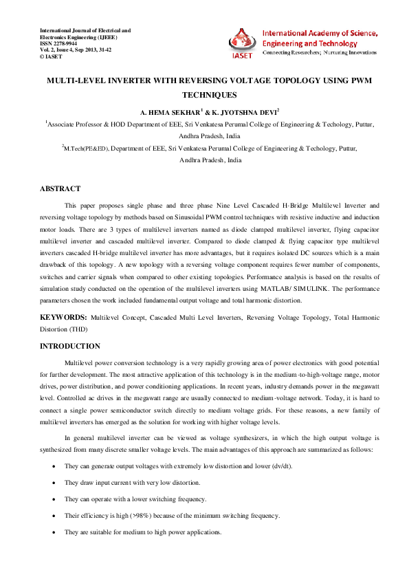 Pdf Multi Level Inverter With Reversing Voltage Topology Using Pwm Techniques