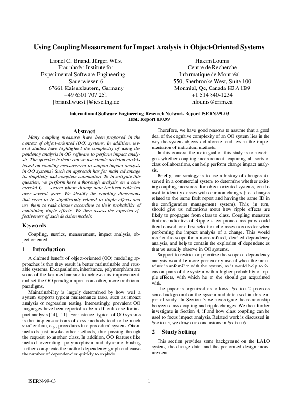 Pdf Using Coupling Measurement For Impact Analysis In Object Oriented