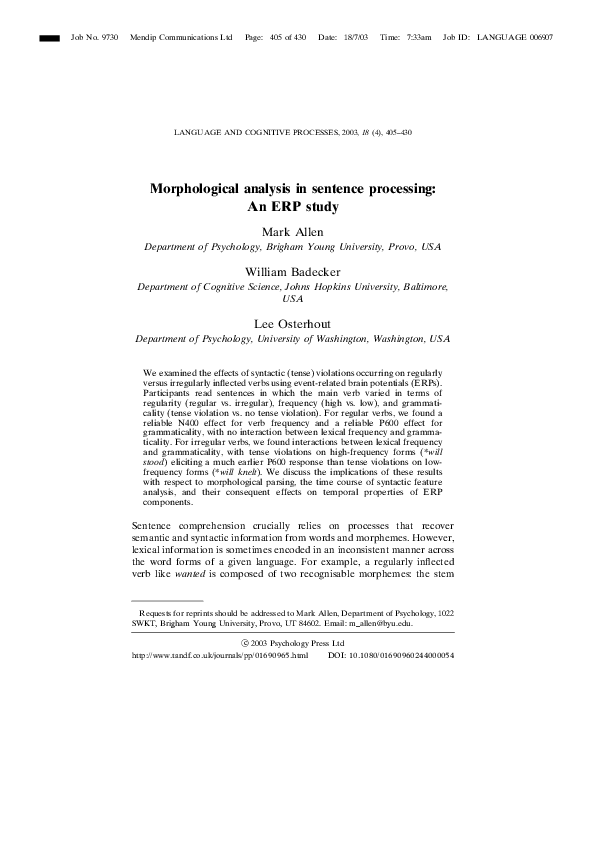 (PDF) Morphological analysis in sentence processing: An ERP study