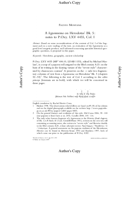 (PDF) A hypomnema on Herodotus' Bk. 5: notes to P.Oxy. LXV 4455, Col. I