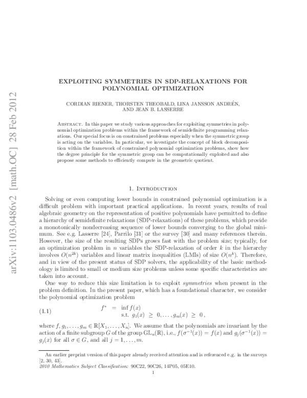 Pdf Exploiting Symmetries In Sdp Relaxations For Polynomial Optimization