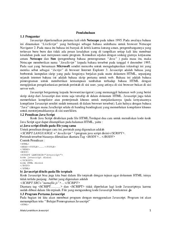 (PDF) Modul praktikum Javascript 1 Pendahuluan (PDF) Modul praktikum Javascript 1 Pendahuluan