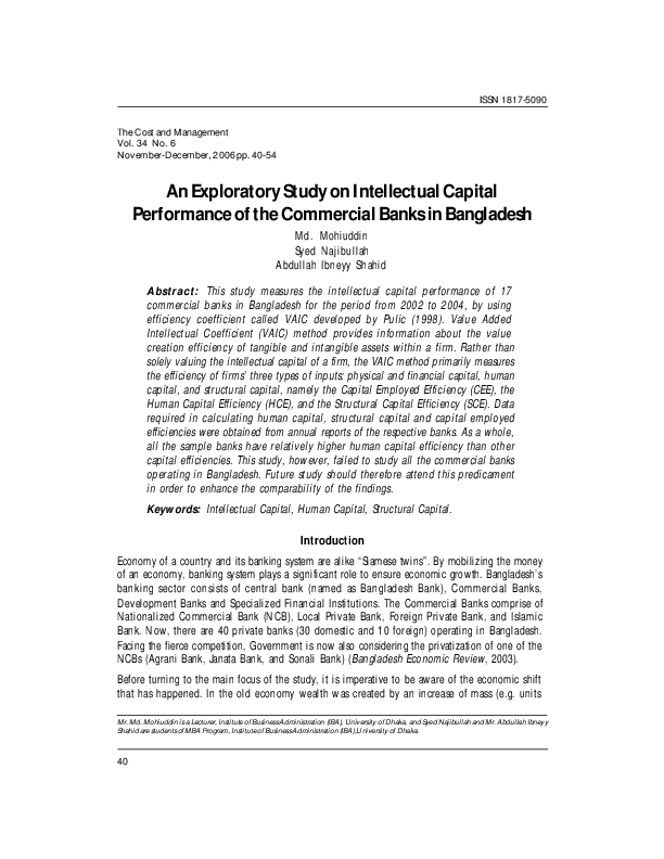 (PDF) An Exploratory Study on Intellectual Capital Performance of the Commercial Banks in Bangladesh