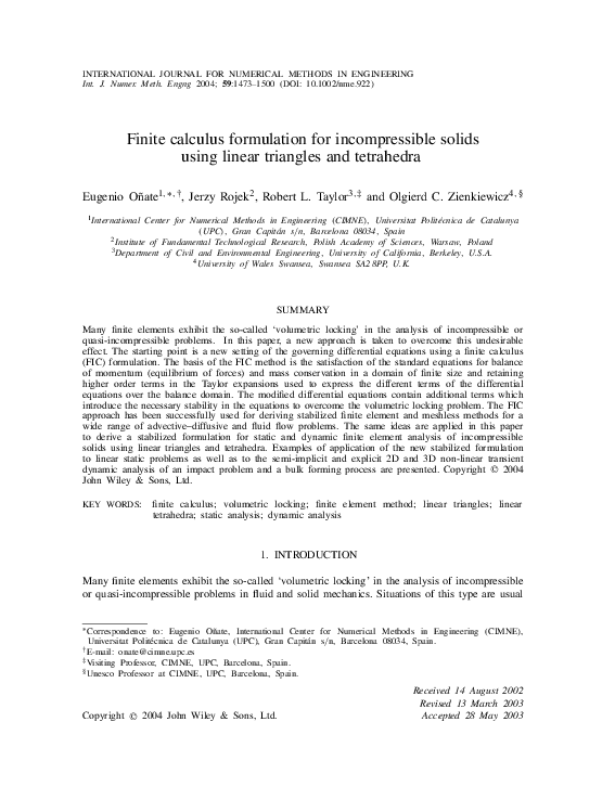 (PDF) Finite calculus formulation for incompressible solids using linear triangles and tetrahedra