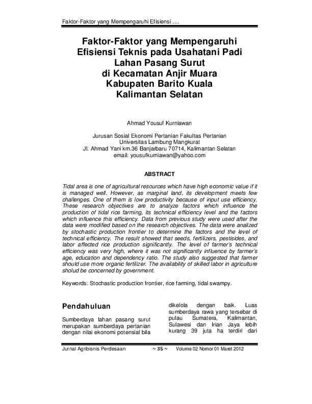 (PDF) Faktor-Faktor yang Mempengaruhi Efisiensi Teknis pada Usahatani Padi Lahan Pasang Surut ...