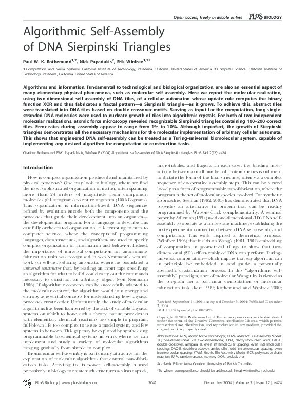 Pdf Algorithmic Self Assembly Of Dna Sierpinski Triangles