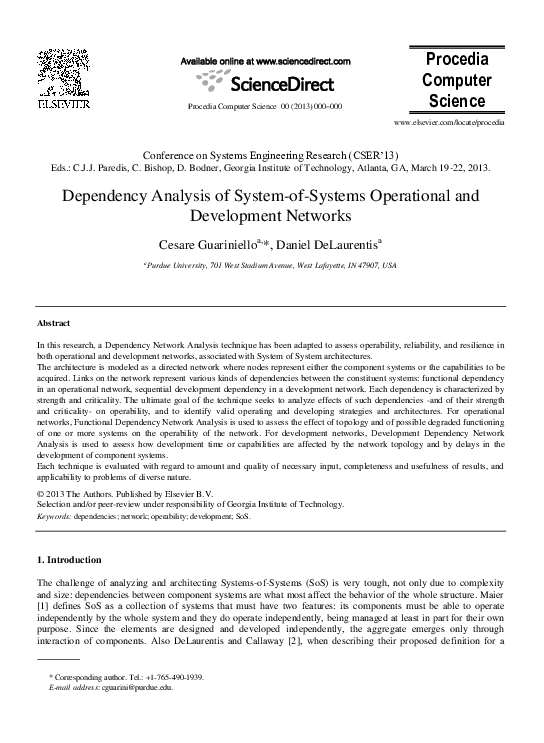 (PDF) Dependency Analysis of System-of-Systems Operational and Development Networks