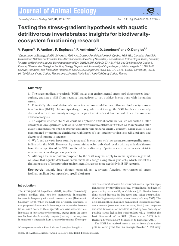 (PDF) Testing the stress-gradient hypothesis with aquatic detritivorous ...