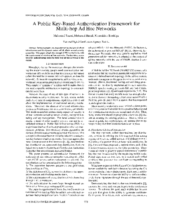 Pdf A Public Key Based Authentication Framework For Multi Hop Ad Hoc