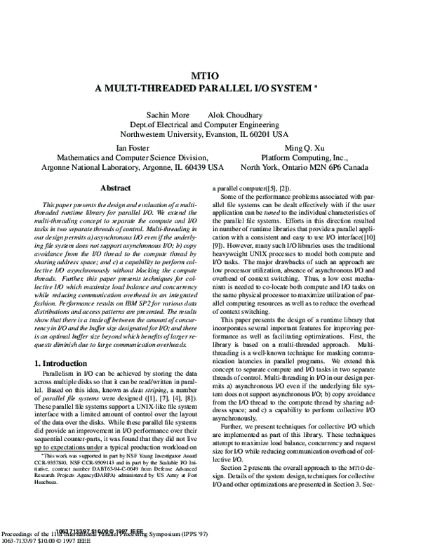 (PDF) MTIO - A Multi-Threaded Parallel I/O System