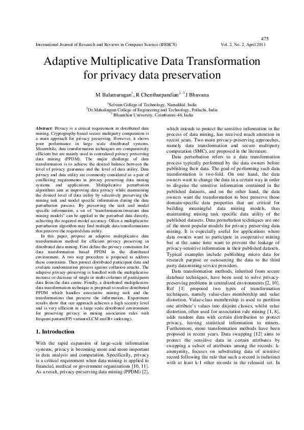 (PDF) Adaptive Multiplicative Data Transformation for privacy data preservation