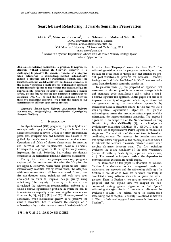 (PDF) Search-based refactoring: Towards semantics preservation