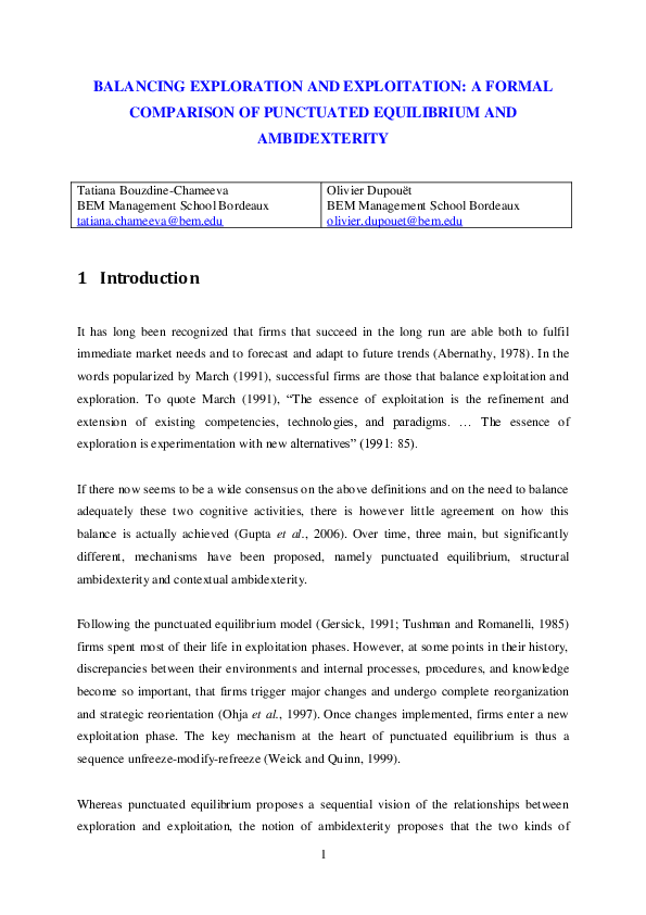 (PDF) BALANCING EXPLORATION AND EXPLOITATION: A FORMAL COMPARISON OF PUNCTUATED EQUILIBRIUM AND ...
