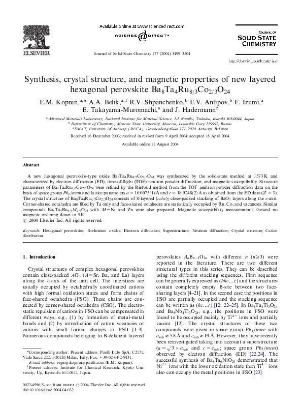 (PDF) Synthesis, crystal structure, and magnetic properties of new layered hexagonal perovskite ...