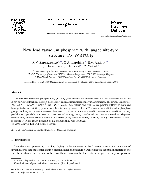 (PDF) New lead vanadium phosphate with langbeinite-type structure: Pb1 ...