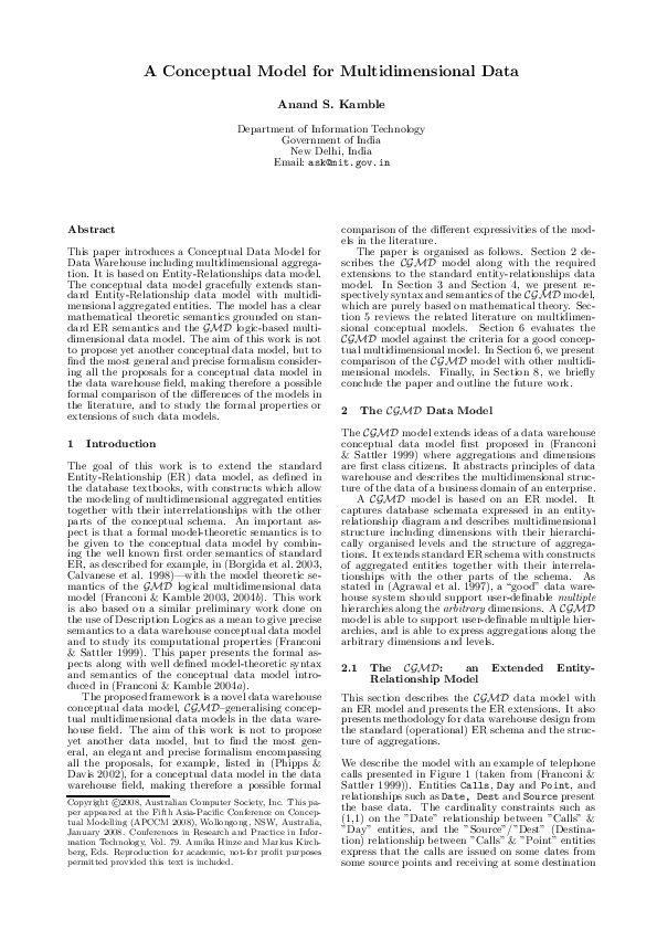 (PDF) A Conceptual Model for Multidimensional Data