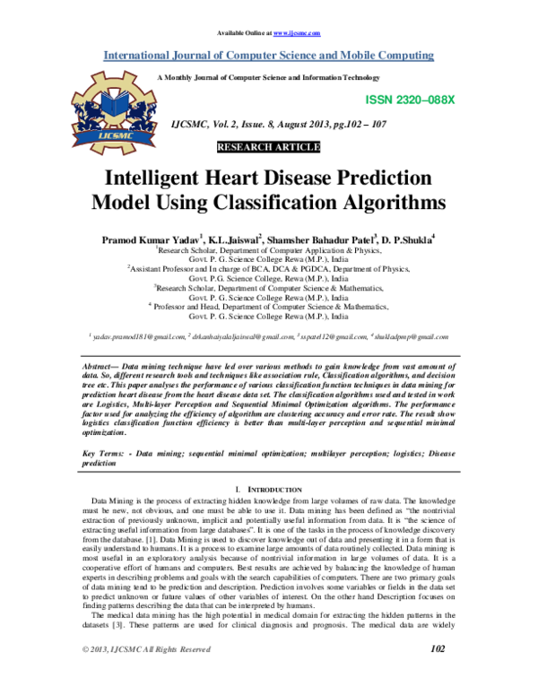 Pdf Intelligent Heart Disease Prediction Model Using Classification Algorithms
