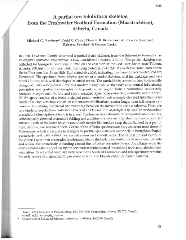 (PDF) A partial orectolobiform skeleton from the freshwater Scollard ...