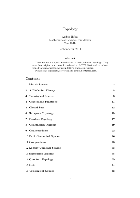 (PDF) Topology - Notes for a one-semester graduate course