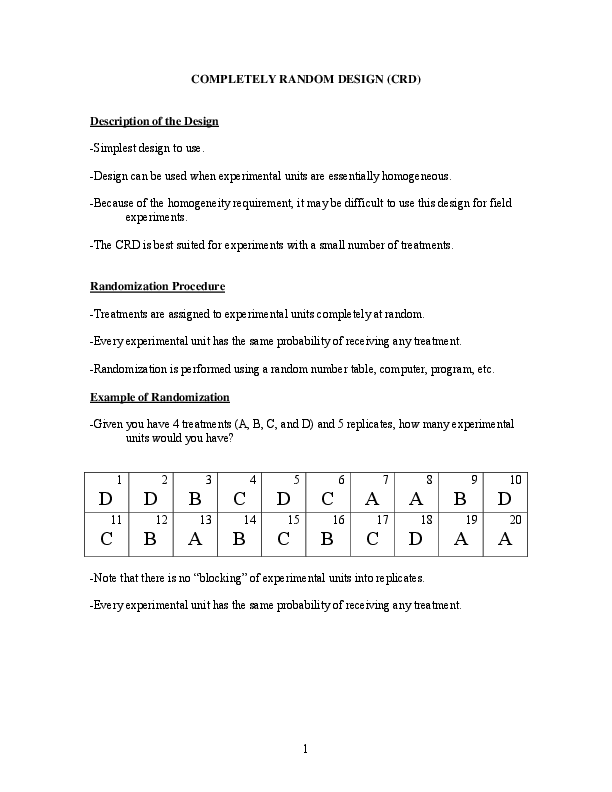 (PDF) COMPLETELY RANDOM DESIGN (CRD) Description of the DesignTotal Sum ...