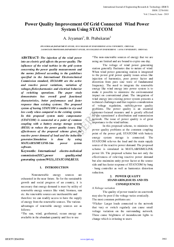 (PDF) Power Quality Improvement Of Grid Connected Wind Power System Using STATCOM