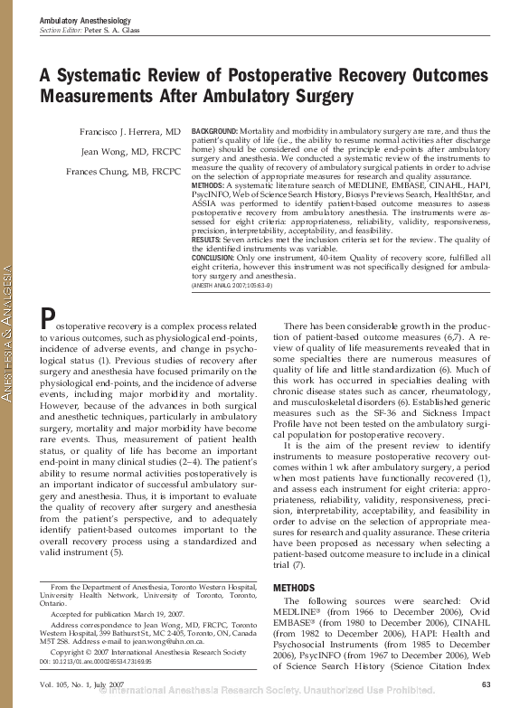 (PDF) A Systematic Review of Postoperative Recovery Outcomes ...