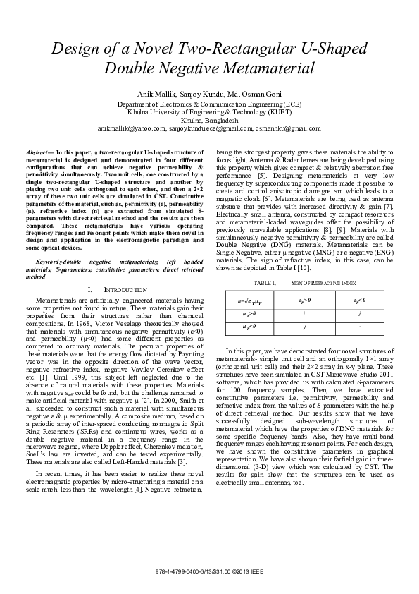 (PDF) Design of a Novel Two-Rectangular U-Shaped Double Negative Metamaterial