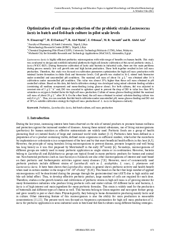 Pdf Optimization Of Cell Mass Production Of The Probiotic Strain Lactococcus Lactis In Batch