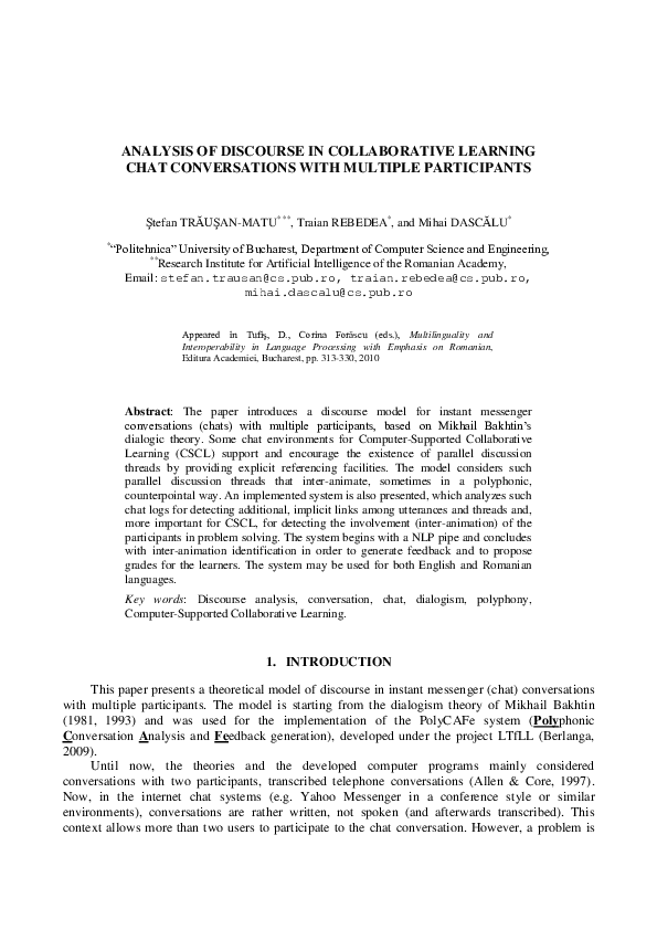 (PDF) ANALYSIS OF DISCOURSE IN COLLABORATIVE LEARNING CHAT ...