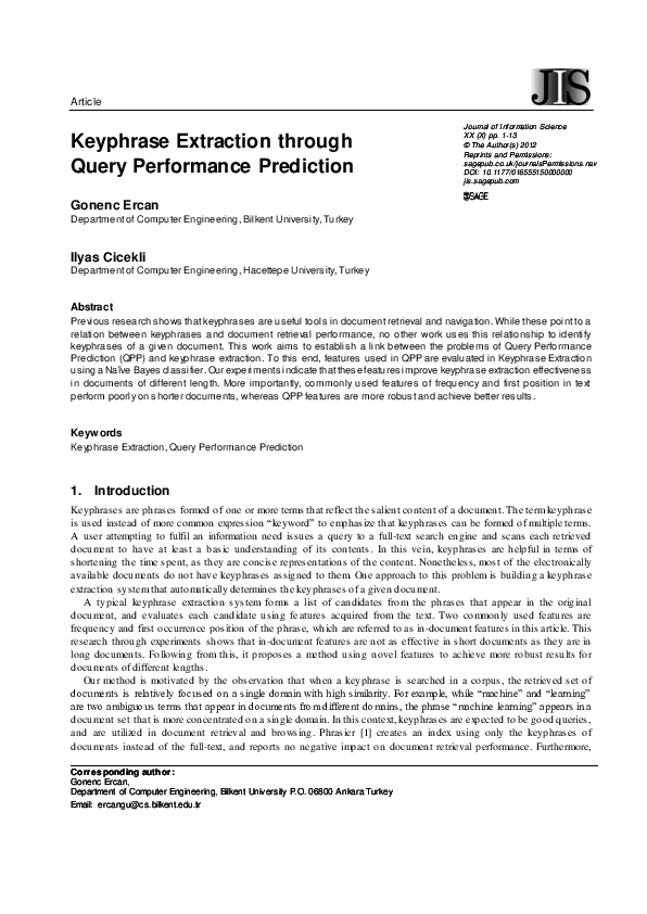 Pdf Keyphrase Extraction Through Query Performance Prediction