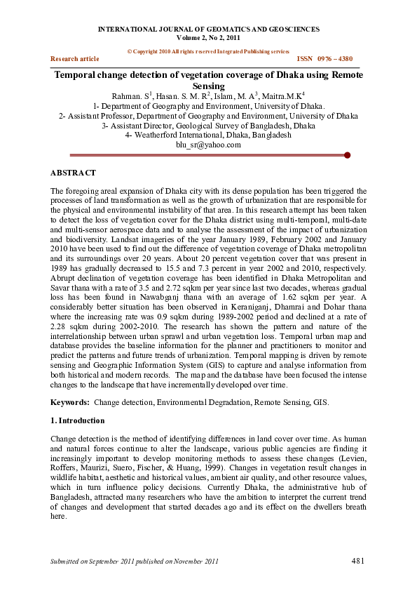 (PDF) Temporal change detection of vegetation coverage of Dhaka using Remote Sensing