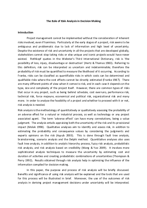 (DOC) Risk Analysis Paper FINAL