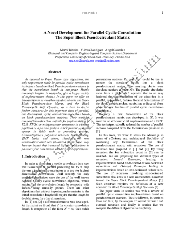 (PDF) A novel development for parallel cyclic convolution: The super block pseudocirculant matrix