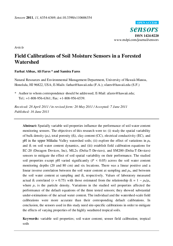 (PDF) Field Calibrations of Soil Moisture Sensors in a Forested Watershed