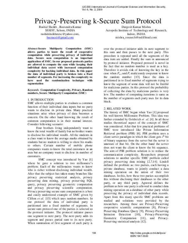 Pdf Privacy Preserving K Secure Sum Protocol
