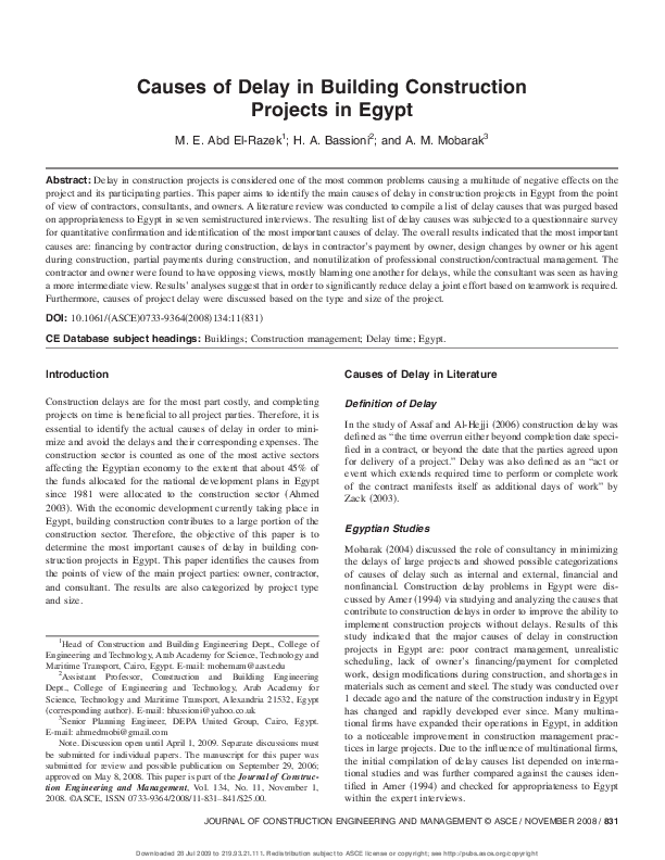 (PDF) Causes of Delay in Building Construction Projects in Egypt