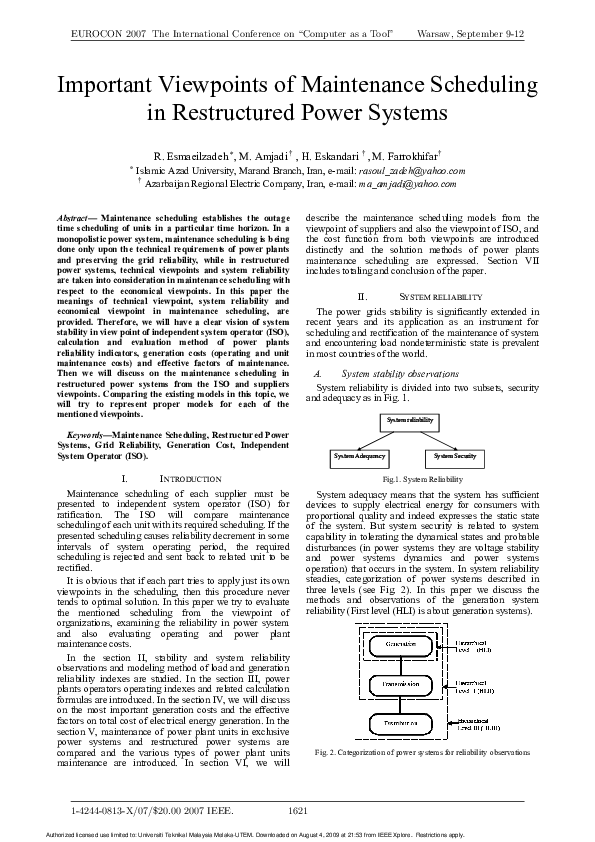 (PDF) Important Viewpoints of Maintenance Scheduling in Restructured Power Systems